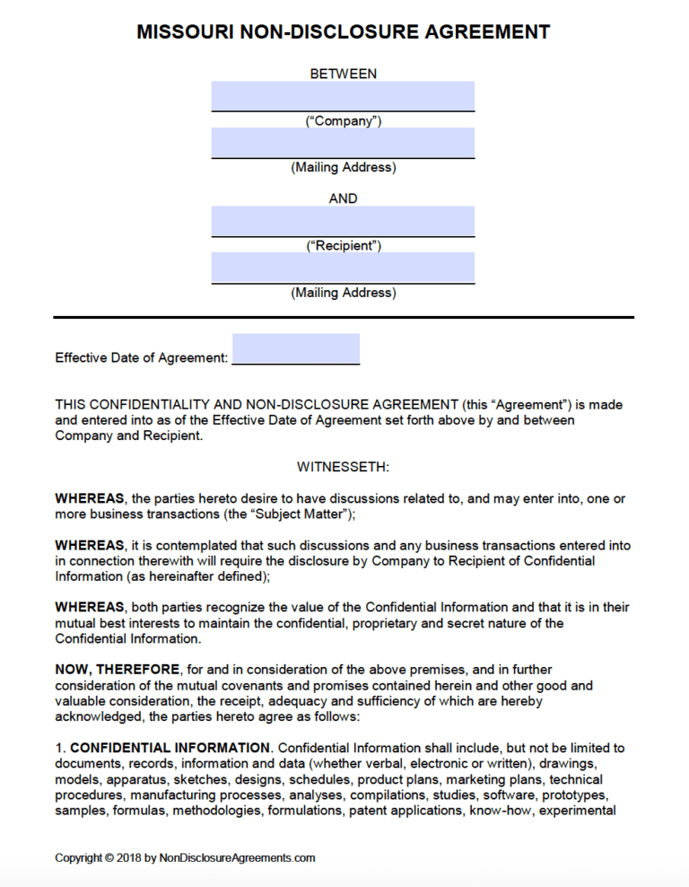 Free Missouri Non-Disclosure Agreement (NDA) Template | PDF | Word